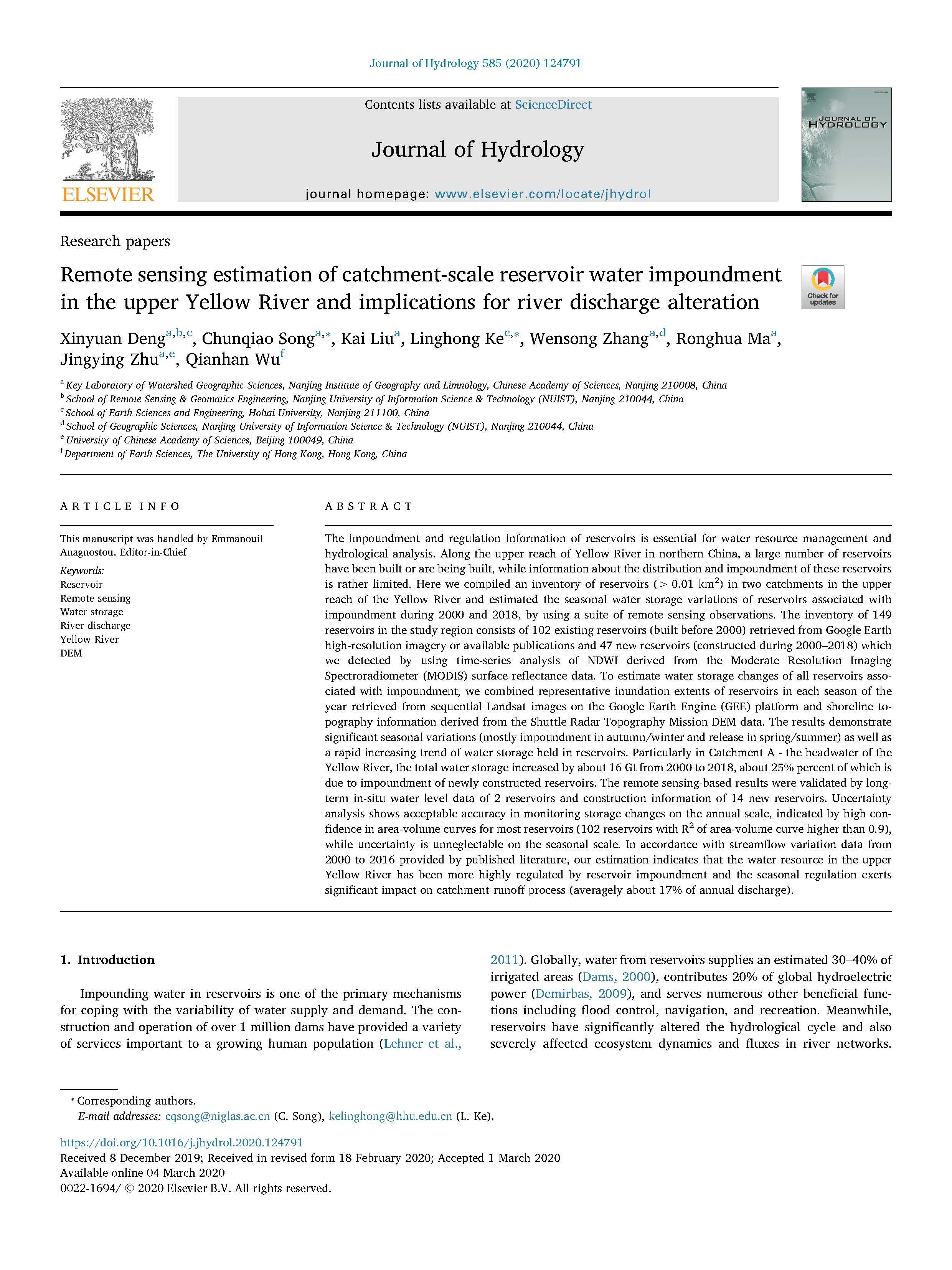 Remote sensing estimation of catchment-scale reservoir water ...